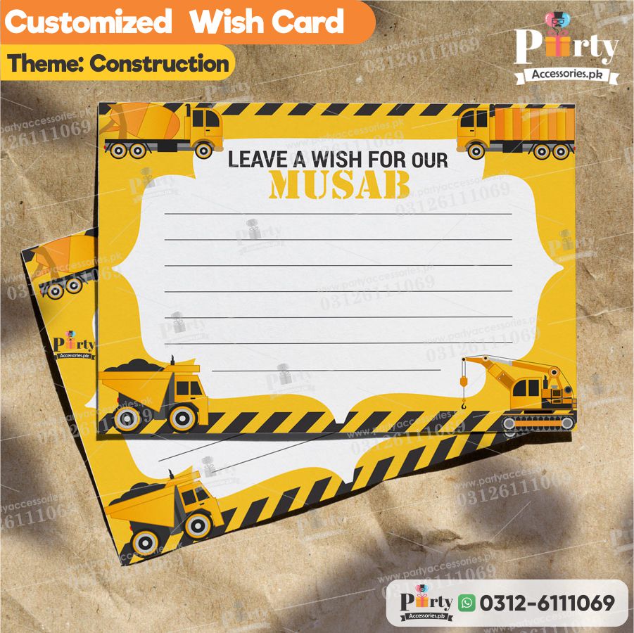 Construction theme party wish cards with customized name | pack of 6 ...