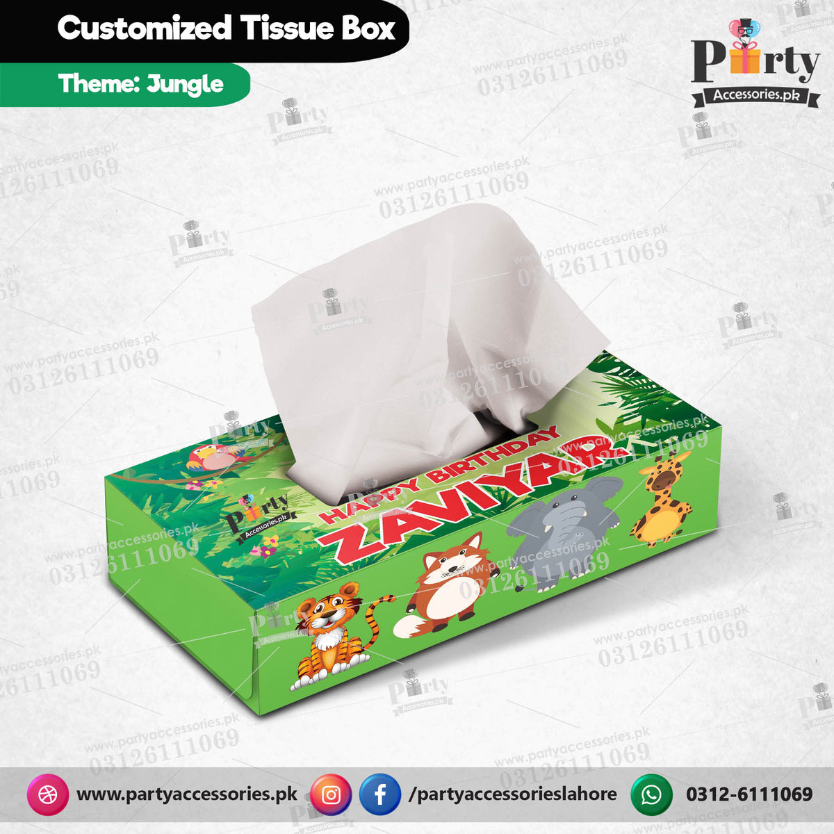 Customized Tissue Box in Jungle safari theme birthday table Decor ...