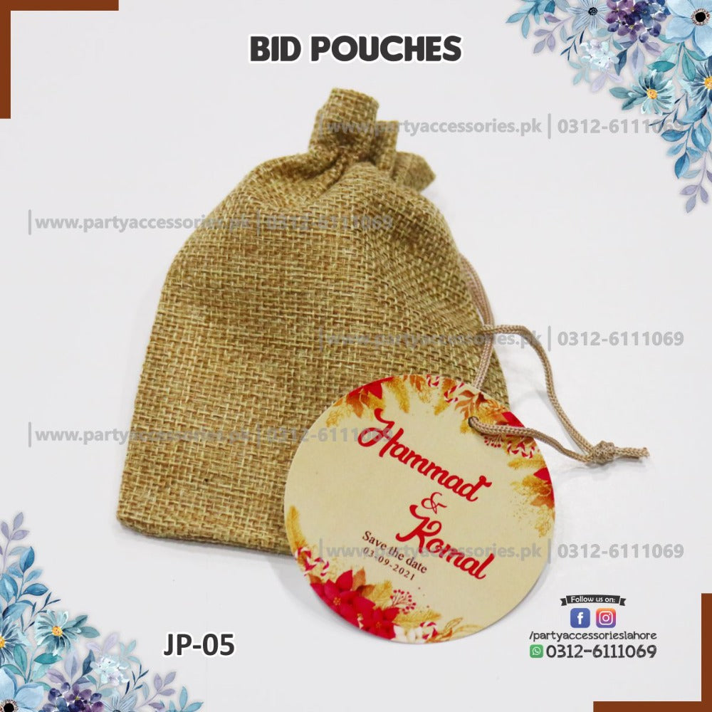 Nikkah Bid Boxes | Jute bid pouches with customized tags | floral roun ...