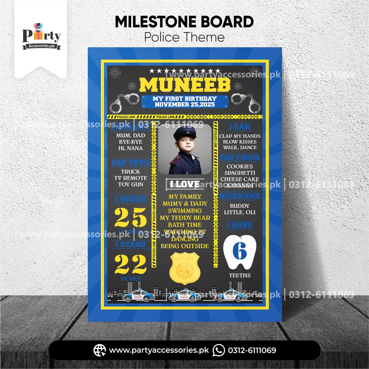 Police first birthday | Customized Fact board / Milestone Board ...