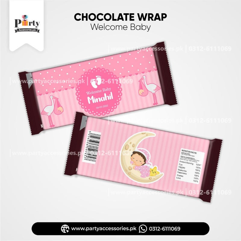 Welcome baby decoration ideas | Customized Chocolate wraps in pink ...