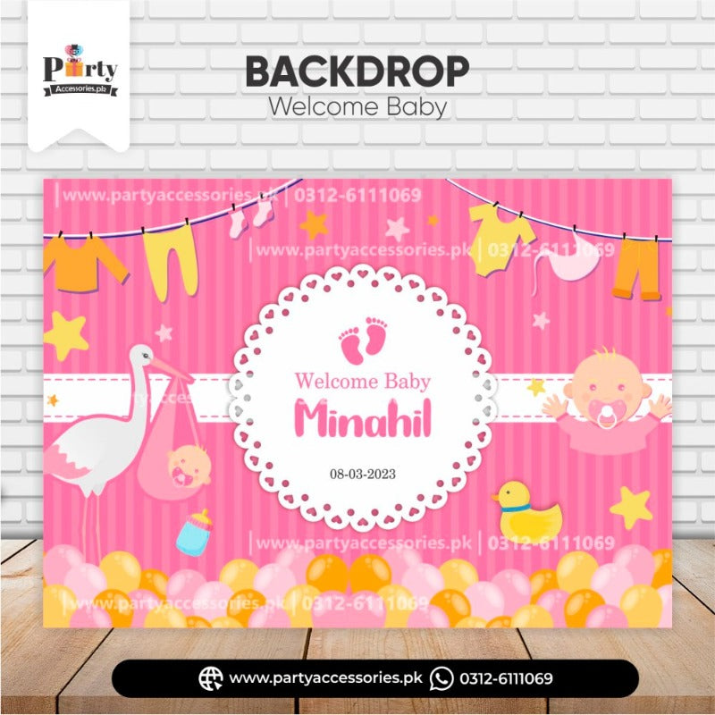 Welcome baby decoration ideas | Customized wall Backdrop for baby girl ...