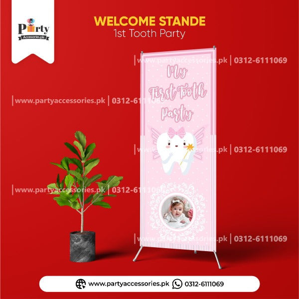 First tooth celebration party welcome standee in pink – PartyAccessories.pk