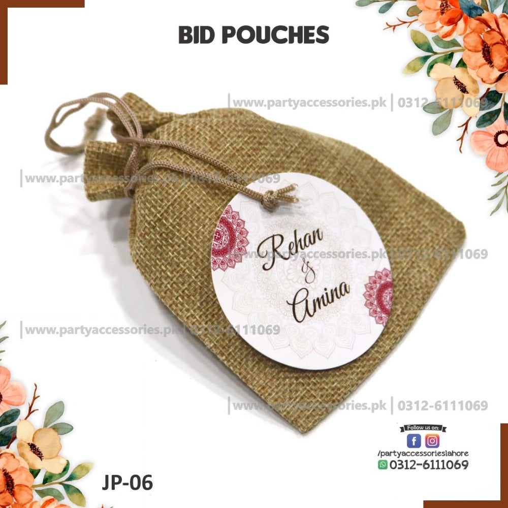 Nikkah Bid Boxes | Jute bid pouches with customized tags | floral roun ...