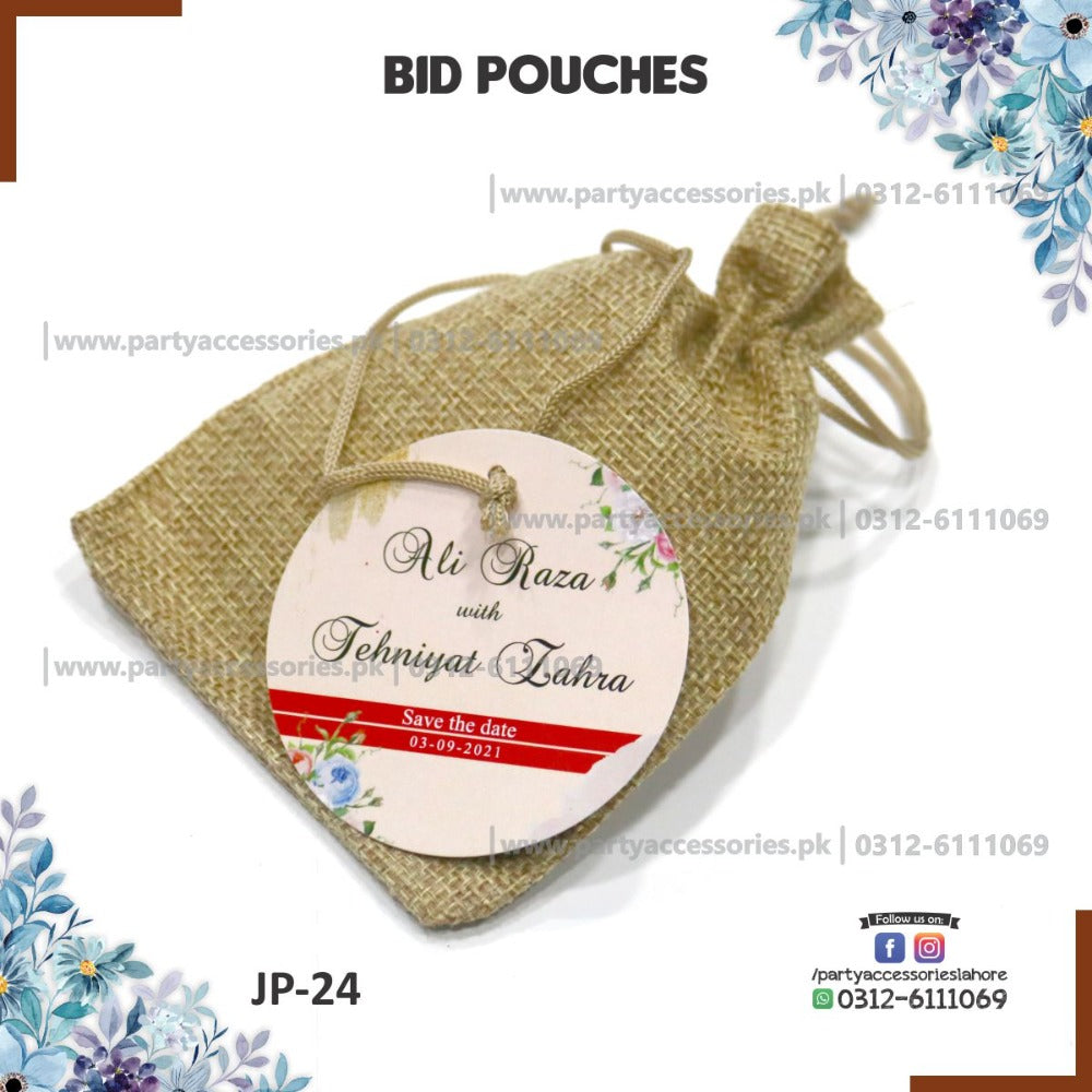 Nikkah Bid Boxes | Jute bid pouches with customized tags | floral roun ...