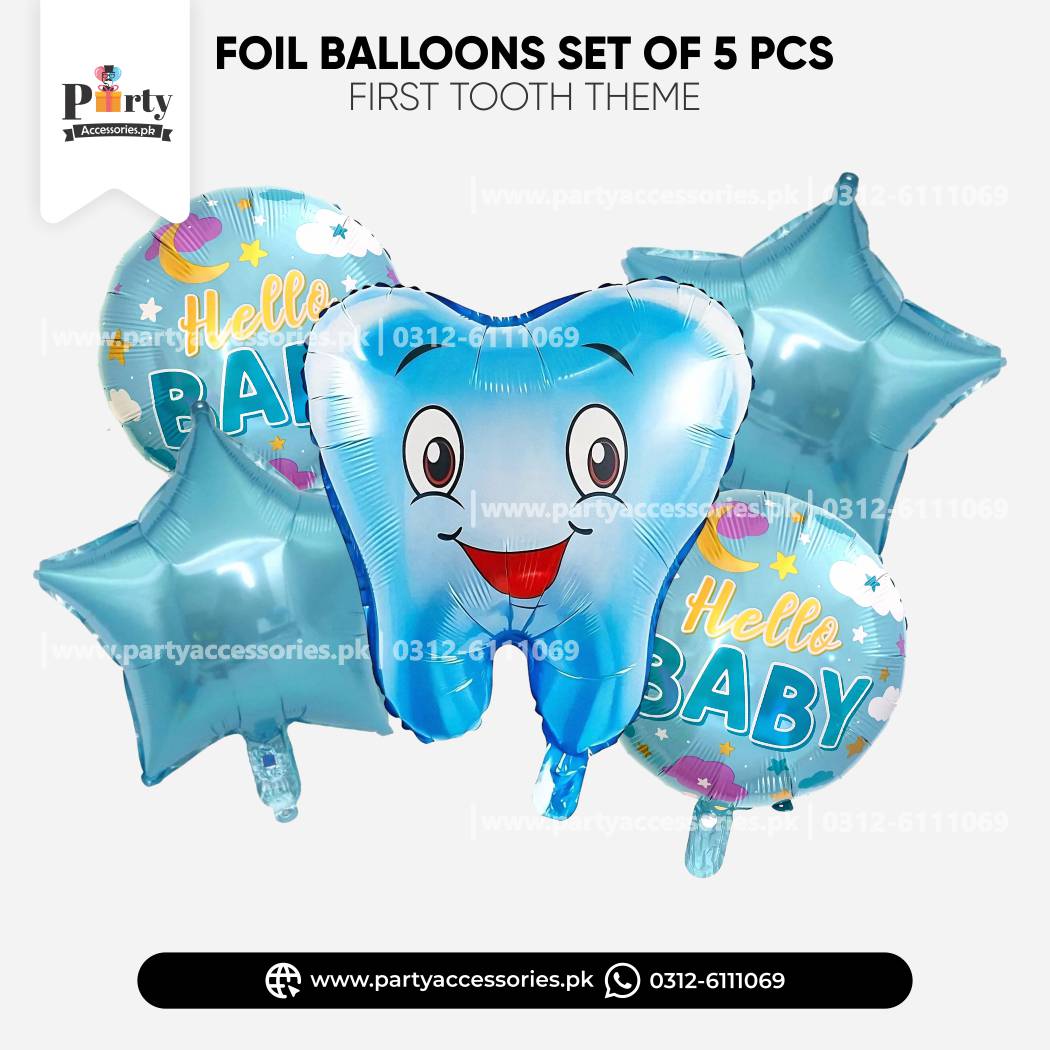First tooth Celebration theme foil balloons set of 5 pcs blue ...