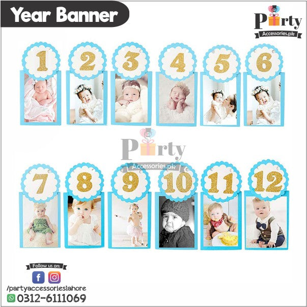 Photo Banner for 12 month baby milestone pictures in Blue with glitter ...