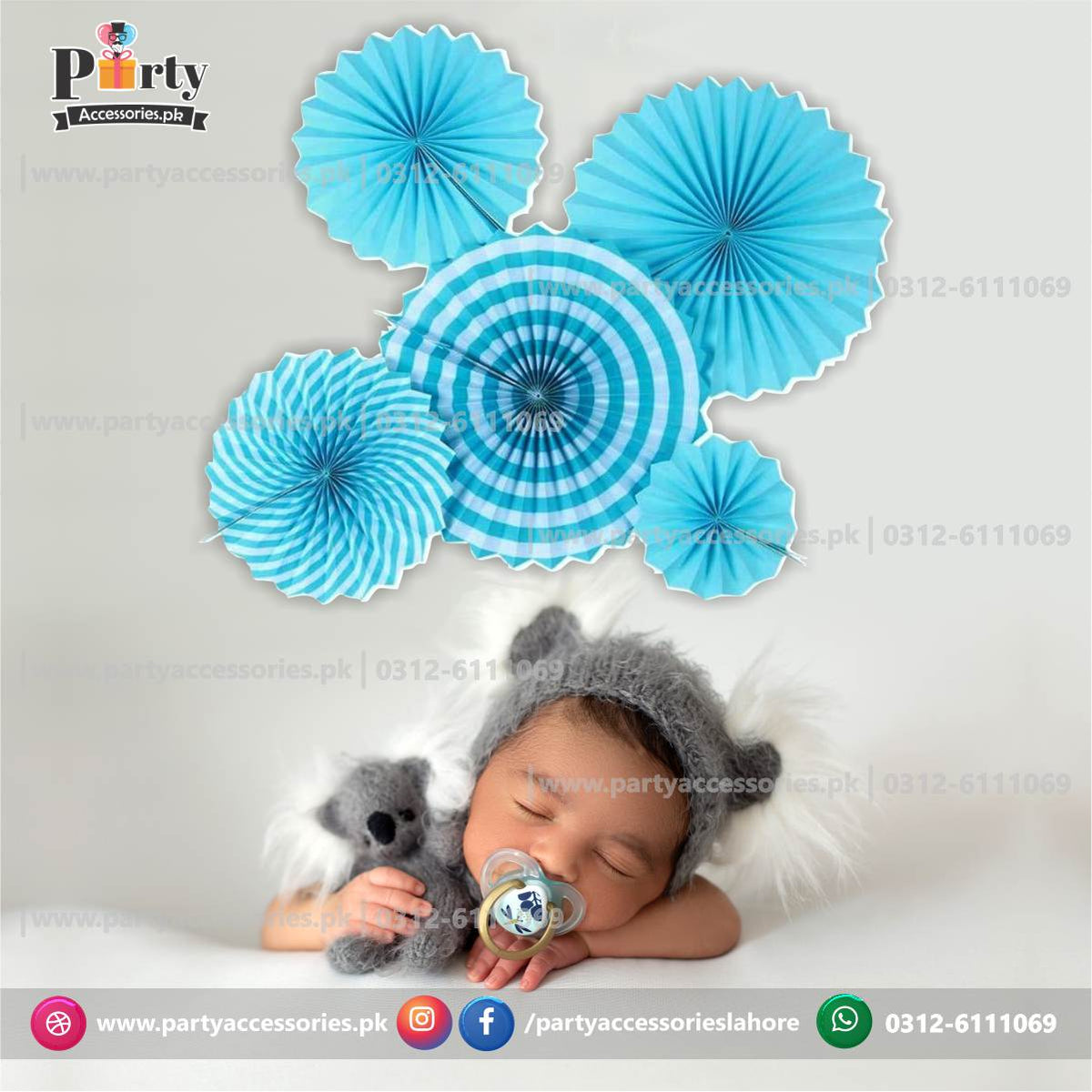baby boy Paper Fan Wall decoration set in Blue – PartyAccessories.pk