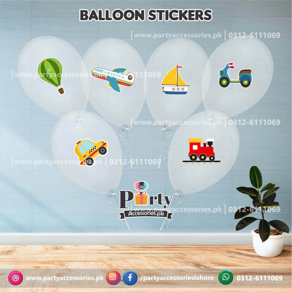 Transport Theme Transparent Balloons With Stickers Pack of 6 ...