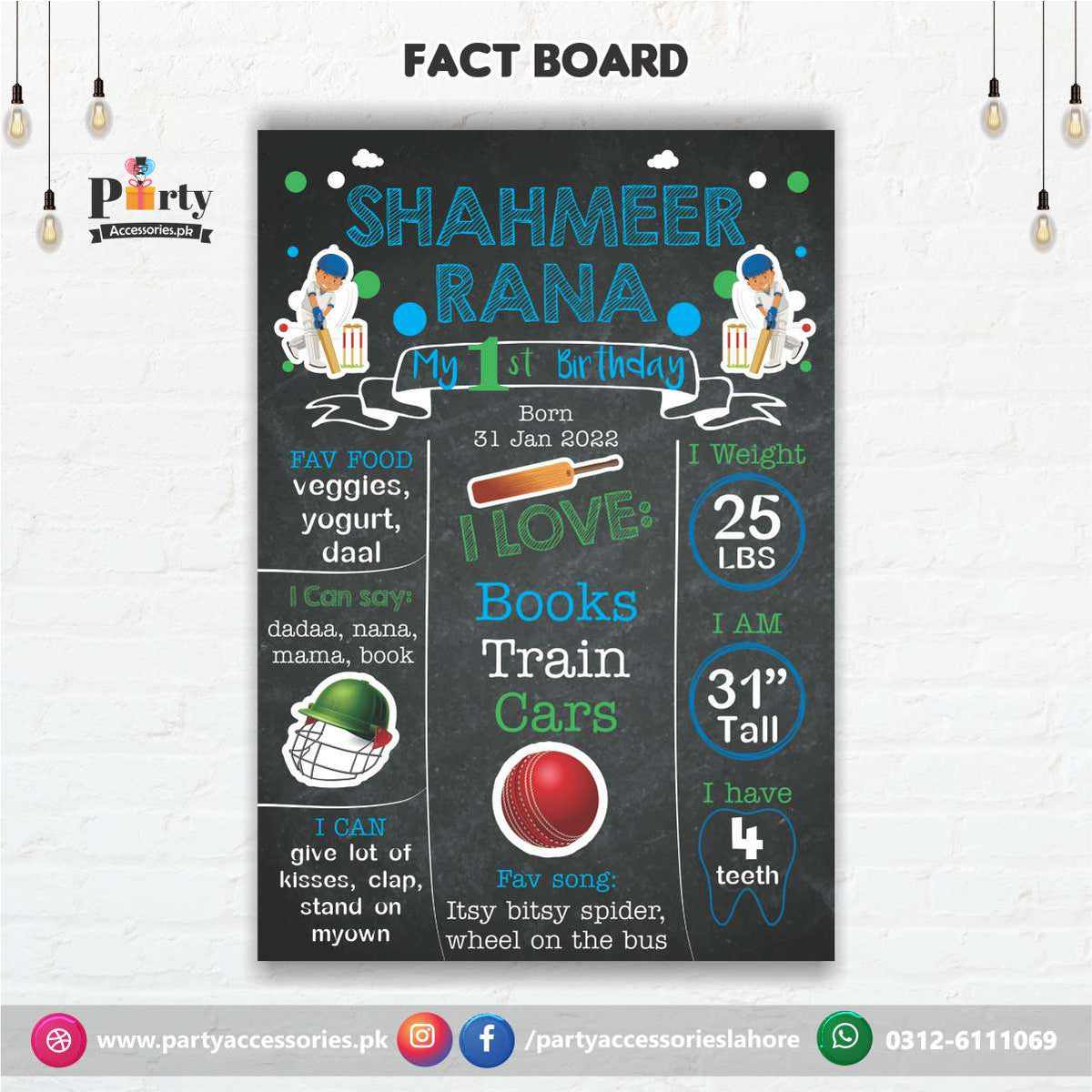 Customized Cricket theme first birthday Fact board / Milestone Board ...