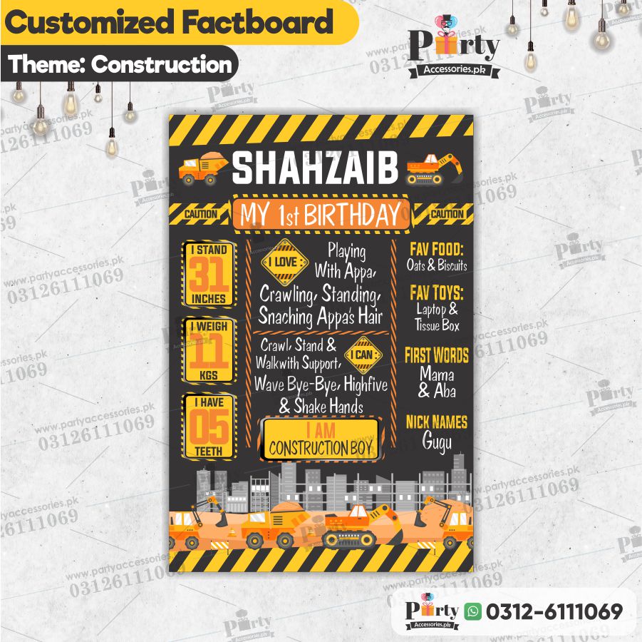 Construction theme wall Customized first birthday Fact board ...