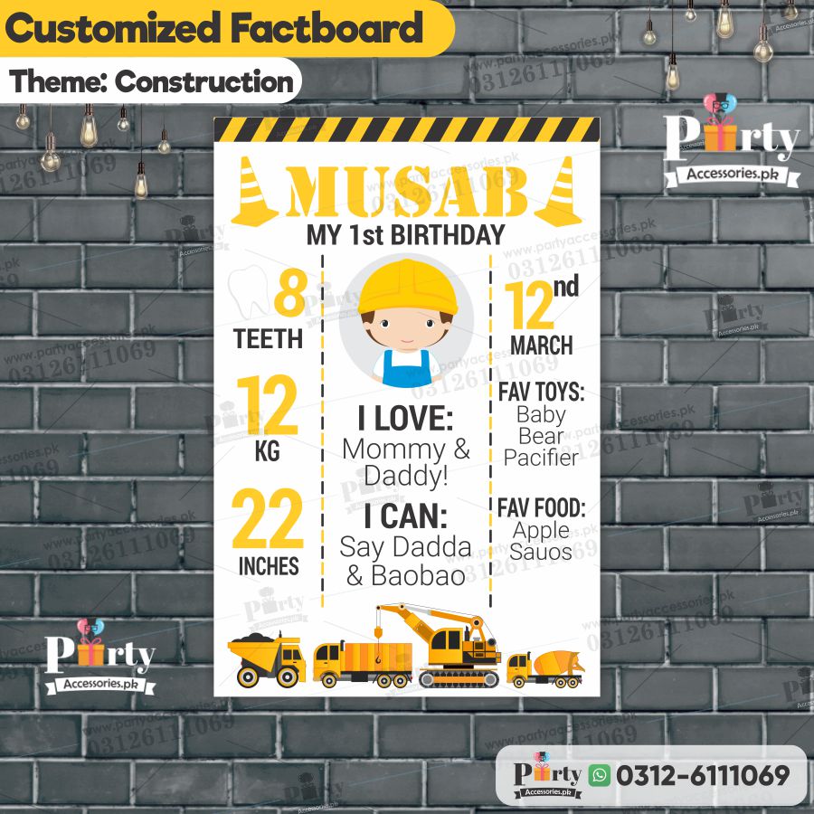 Construction theme wall Customized first birthday Fact board ...
