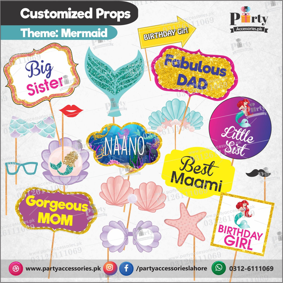 Customized props set for Mermaid theme birthday party – PartyAccessories.pk